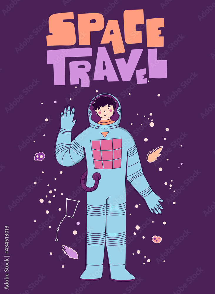Flat cartoon character spaceman. Space travel lettering. Astronaut ...
