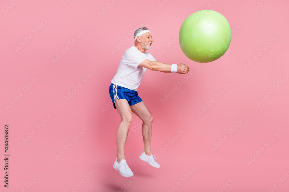 Full length body size side profile photo senior man jumping up throwing ...