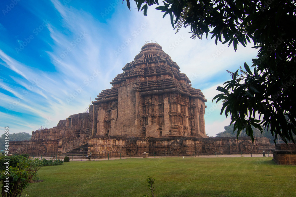 Close-up of chariot wheel intricate carvings in the Ancient Hindu Sun ...