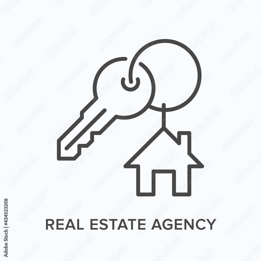 Real estate agency flat line icon. Vector outline illustration of key ...