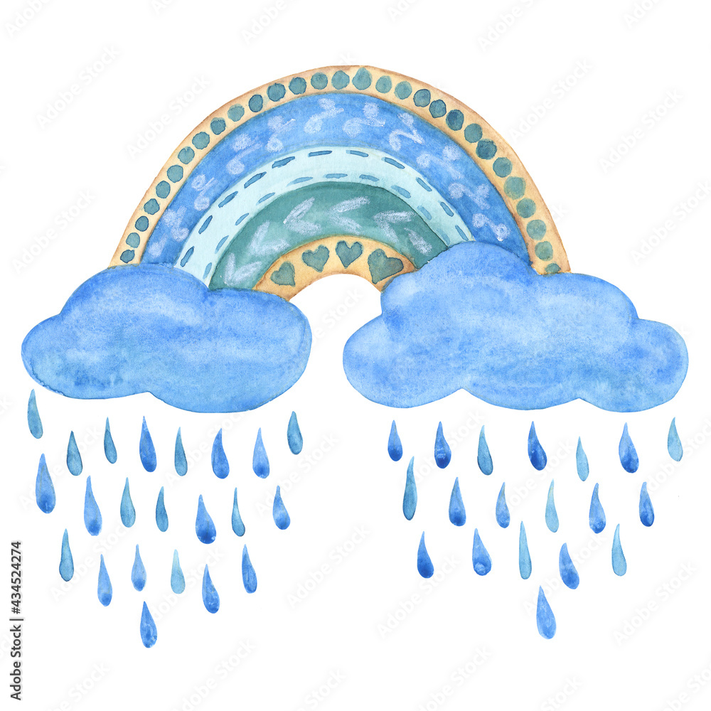 Blue and Yellow rainbow Watercolor Clipart. Boho style hand-drawn art ...