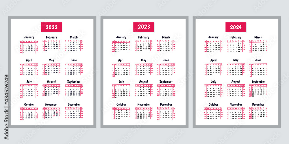 Calendar 2022, 2023, 2024. Vertical wall, calendar template. Design ...
