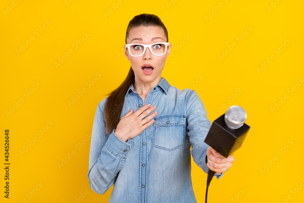 Photo of excited funky young woman wear denim shirt glasses arm chest ...