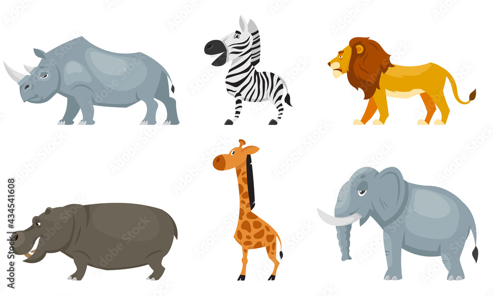 Set of african animals side view. Wildlife inhabitants in cartoon style ...