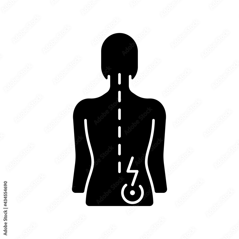 Lower right back pain black glyph icon. Sprains and strains. Muscle ...
