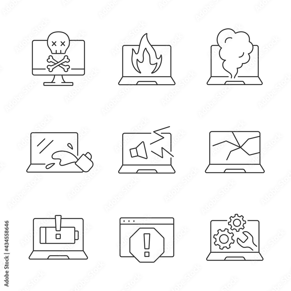 Computer damage linear icons set. Burning notebook. smoke from keyboard ...