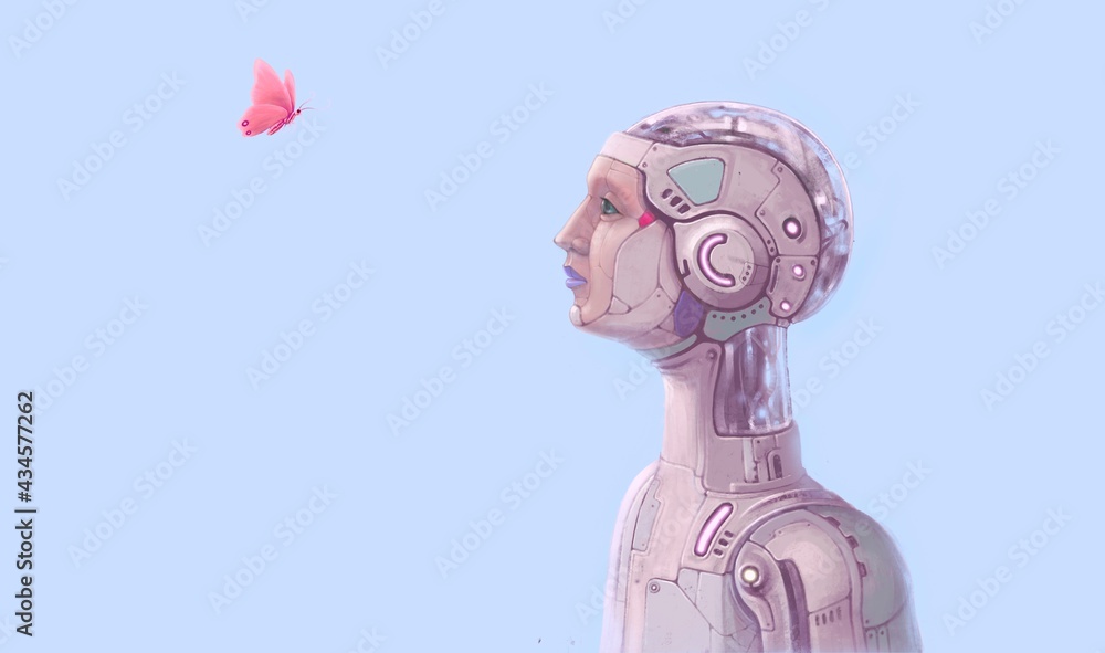 Robot with butterfly, futuristic art, hope imagination life soul future ...