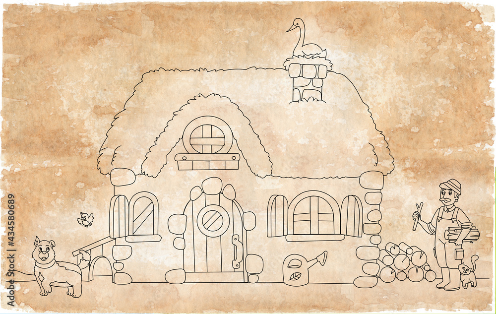 Ancient farm with farmer and cute animals: a cat, a dog, a tiny bird ...