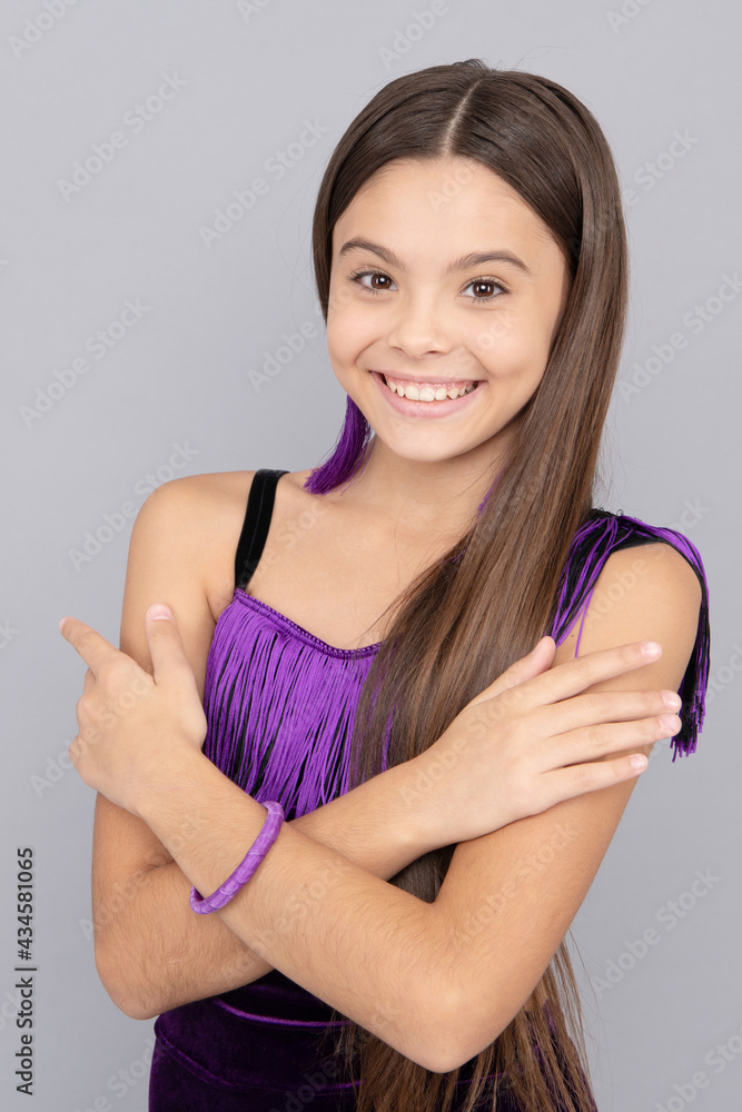 Beauty look of tween fashion model in trendy wear happy smile keeping ...