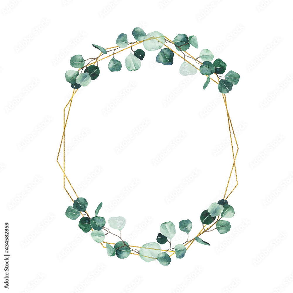 Watercolor eucalyptus gold wreath with green leaves isolated on white ...