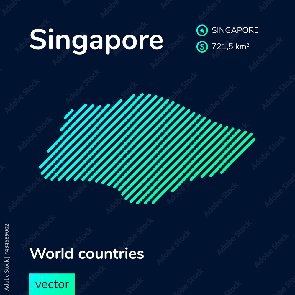 Vector creative digital neon flat line art abstract simple map of Singapore with green, mint ...