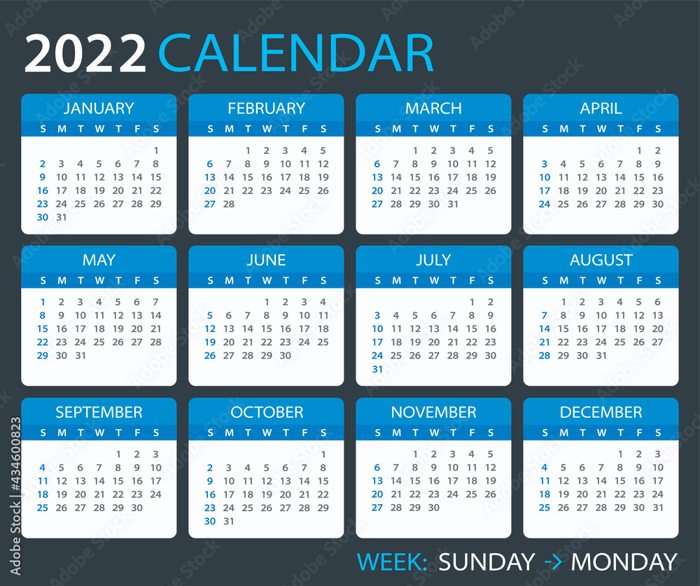 2022 Calendar - vector template graphic illustration - Sunday to Monday ...