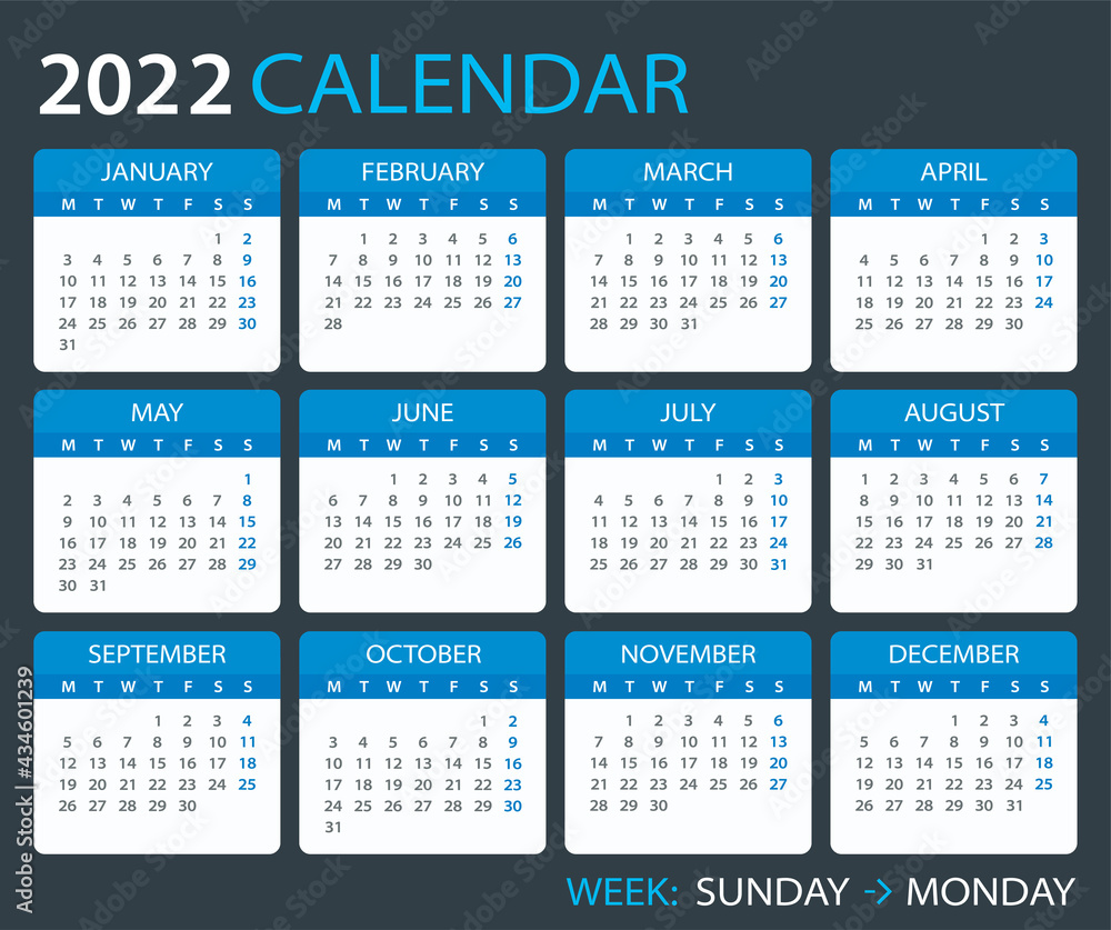 2022 Calendar - Week starts from Monday. European version - vector ...