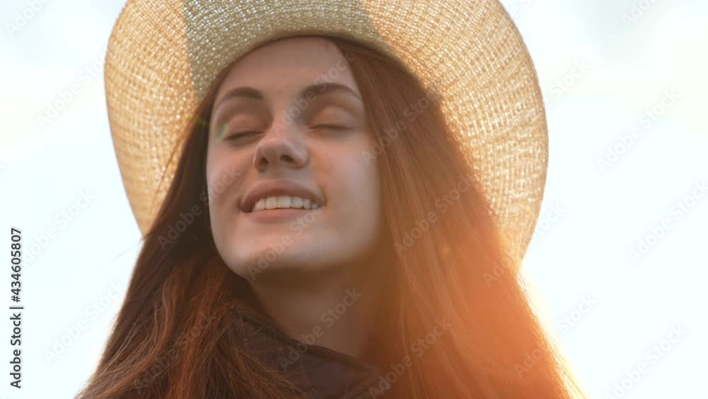 Girl face at sunset. Happy teen girl dreaming. Girl opens her eyes and ... Girl face at sunset. Happy teen girl dreaming. Girl opens her eyes and ...