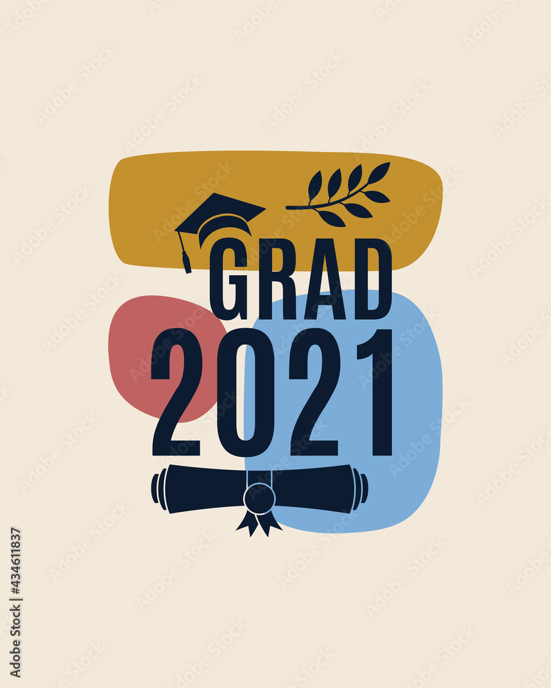 Vetor de Grad 2021 greeting card with hat, laurel, abstract shapes on ...