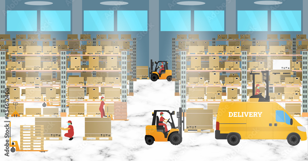 Warehouse interior with workers, racks, hydraulic trolley,forklift ...