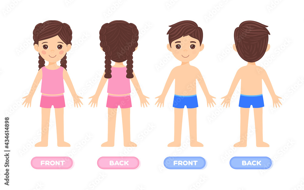 Boy and girl. Front and back views. Children in a swimsuit and ...