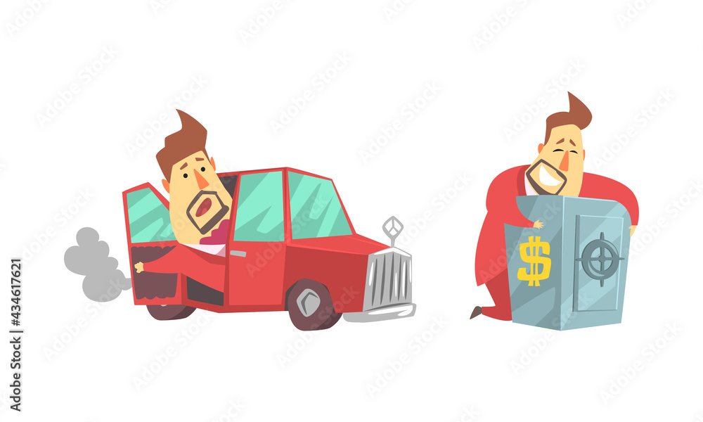 Funny Rich Millionaire Set, Fat Businessman Character Riding Luxury Car ...