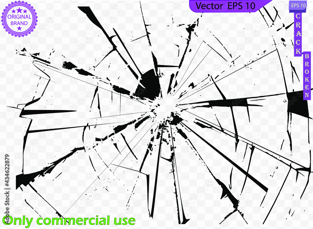 Broken glass, cracks, bullet marks on glass. Cracks vector icons. Black ...