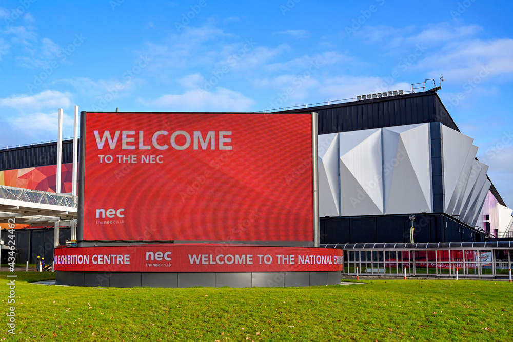 Birmingham, England - December 2019: "Welcome to the NEC" on a giant ...