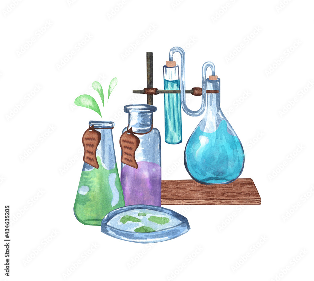 Watercolor science equipment of microscope, glass, laboratory tools ...