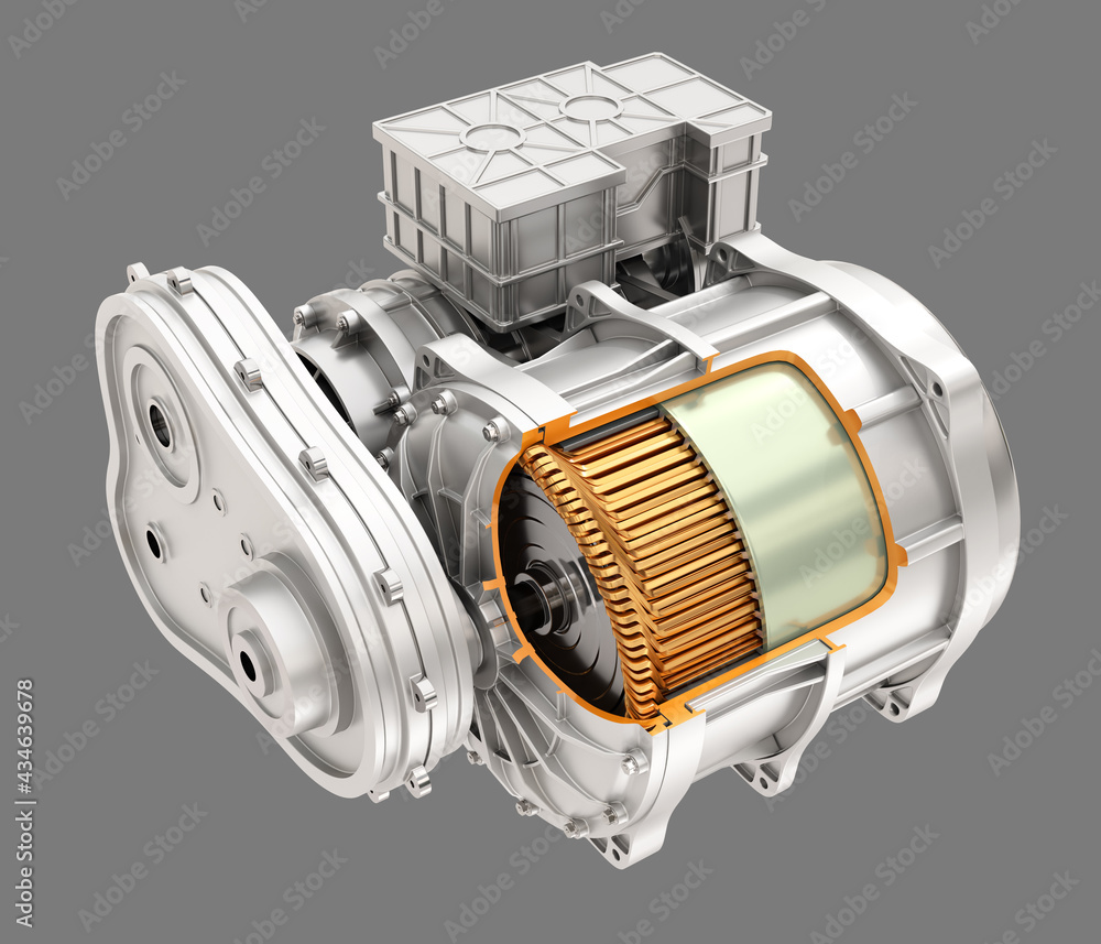 Cutaway view of Electric Vehicle Motor on gray background. 3D rendering ...