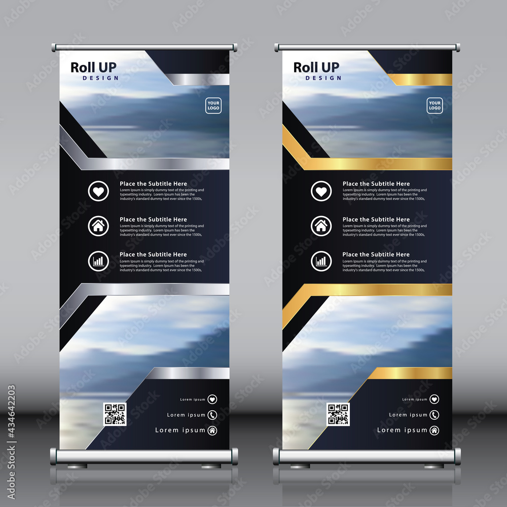 Modern roll up vertical banner design gold and silver. Standee banner ...