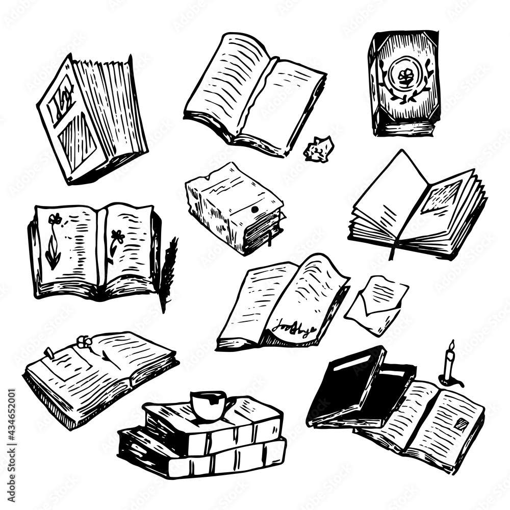 Ink illustrations about book. Open and close textbooks, classical books ...