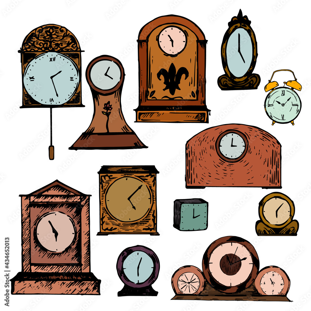 Clocks Color illustration set. Brown vingtage retro clocks. Differents ...