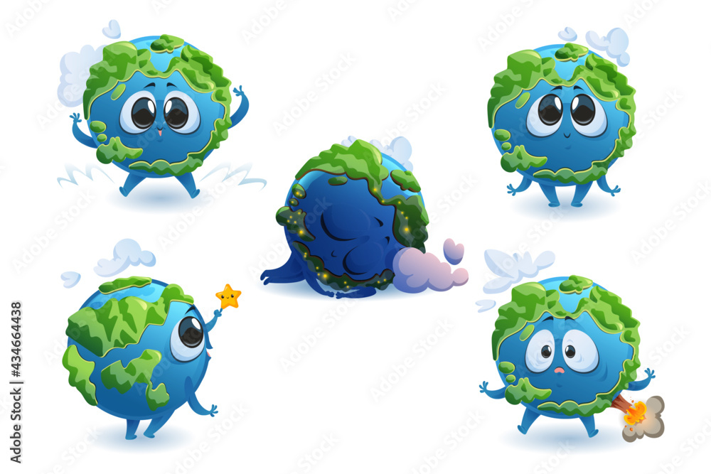 Earth cartoon character, cute funny planet with kawaii face and cloud ...