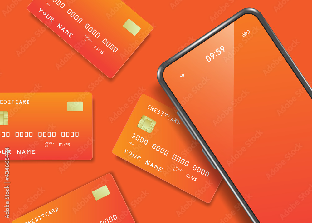 Orange credit card and orange Screen Smartphone Placed on an orange ...