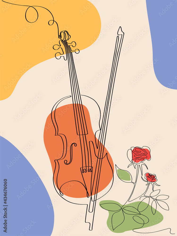 Musical acoustic instrument violin with strings and bow. Minimalist ...