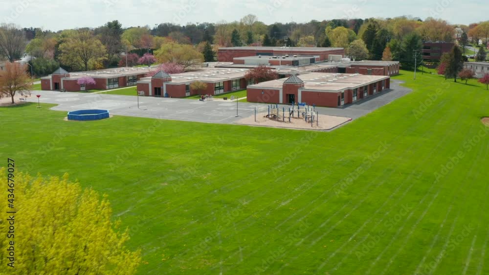 Establishing aerial of school building playground for recess. Education ...