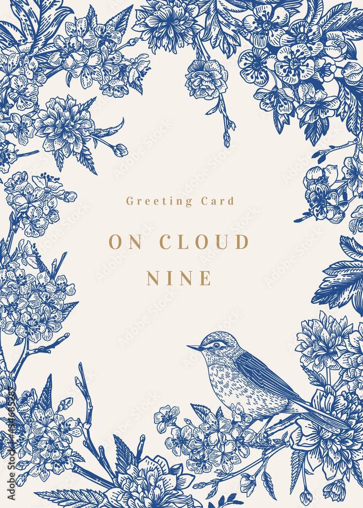 Floral frame with bird. Blue. Stock Vector | Adobe Stock