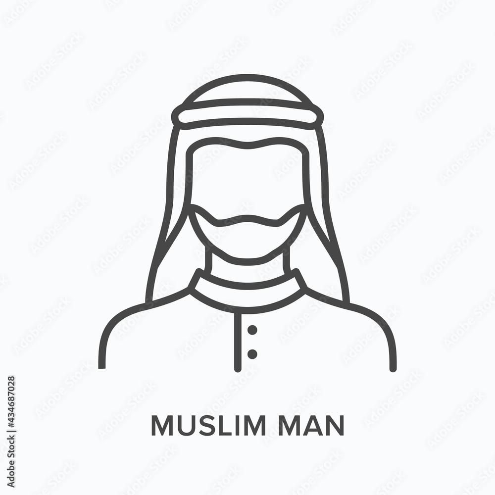 Muslim man flat line icon. Vector outline illustration of arab user ...