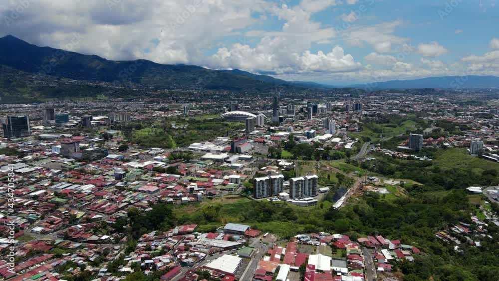 Beautiful cinematic aerial view of the City of San Jose Costa Rica, its ...