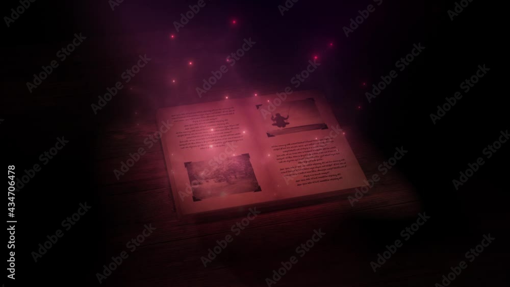 Mystical spellbook turning pages with flying magical dust particles. 3D ...