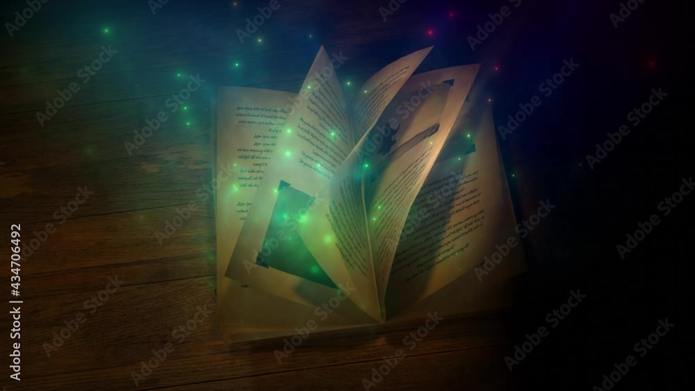 Spellbook turning pages with flying mystical dust particles. Glowing ...
