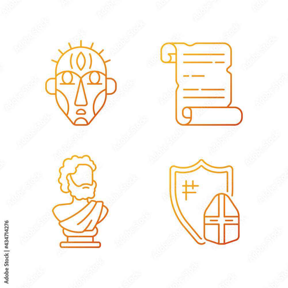Exploring ancient lives gradient linear vector icons set. Ritual masks ...