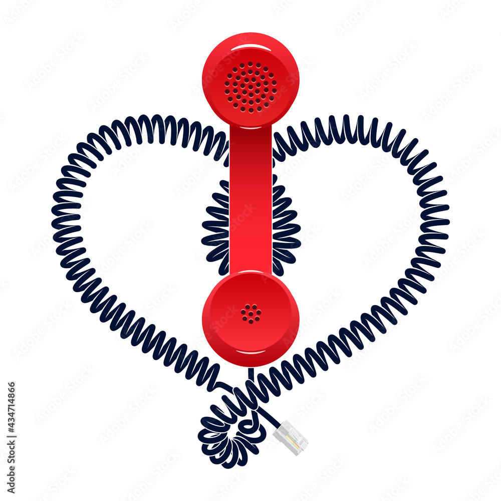 Telephone handset with heart shaped cord. Symbol of phone love affair ...