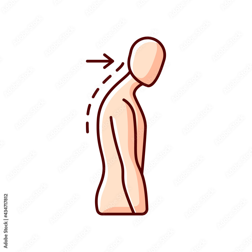 Slouching RGB color icon. Poor posture. Forward head. Body looking down ...