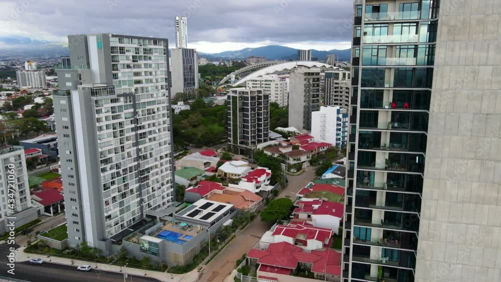 Beautiful cinematic aerial view of the City of San Jose Costa Rica, its ...