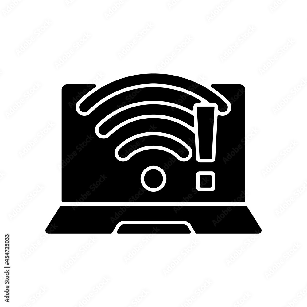 Wi fi does not work black glyph icon. Wireless connection issue, weak ...