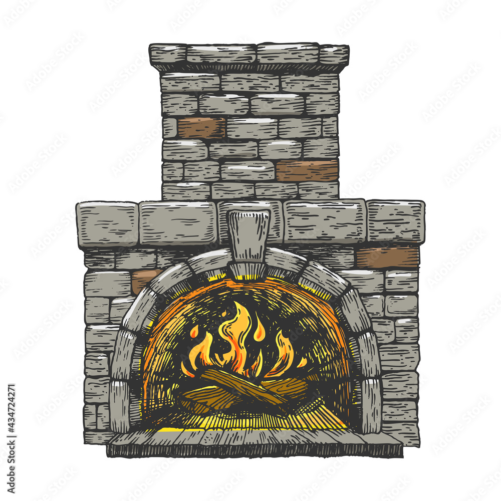 Fire in the fireplace line art color sketch engraving vector ...