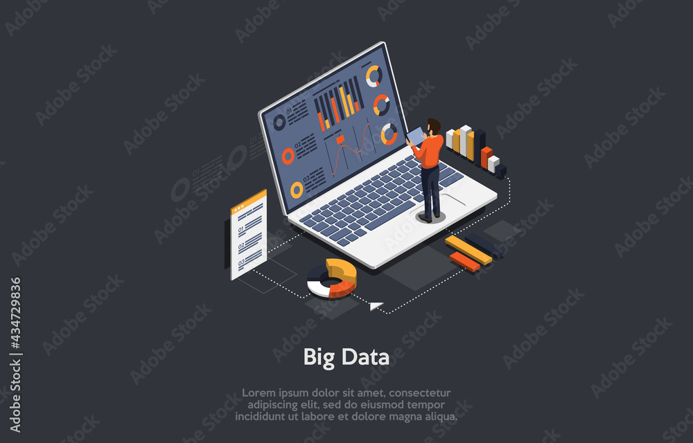 Vector 3D Illustration. Cartoon Isometric Design With Infographics. Big ...