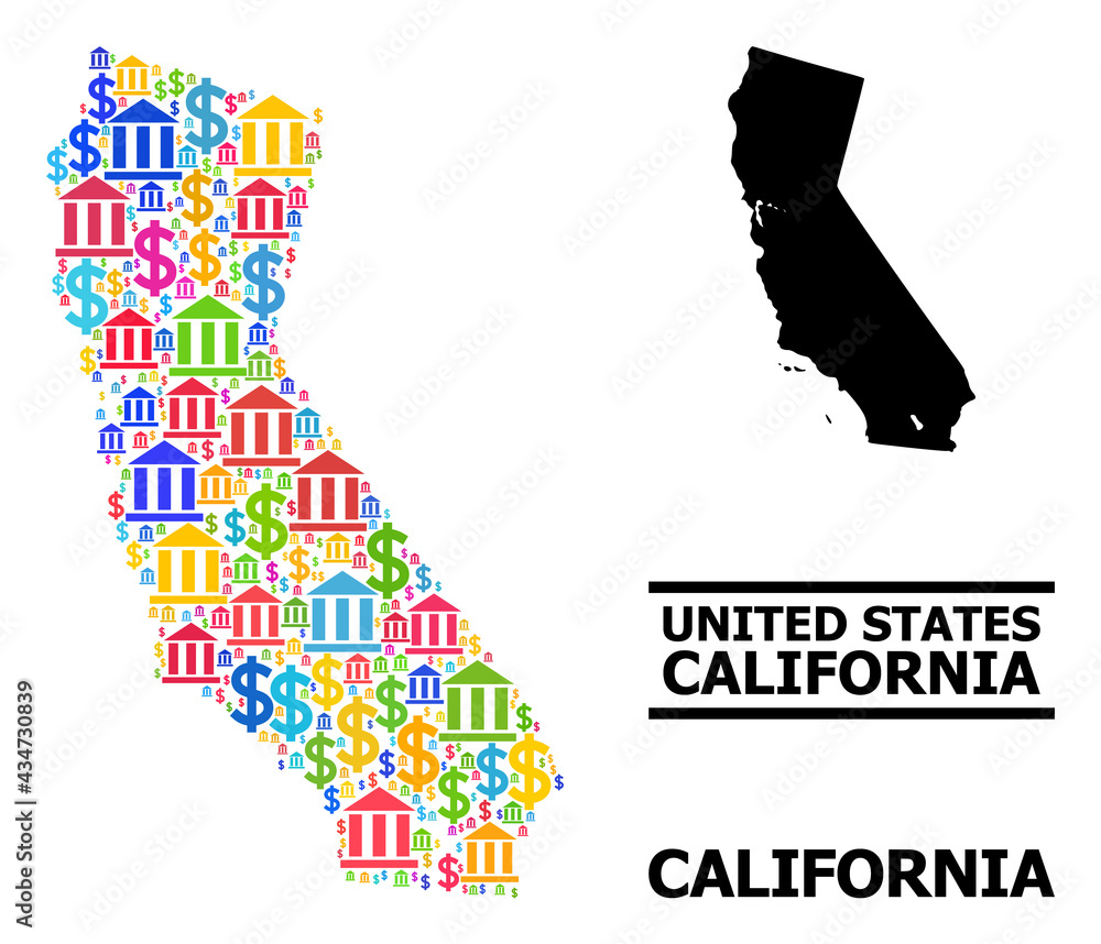Colorful finance and commerce mosaic and solid map of California. Map ...
