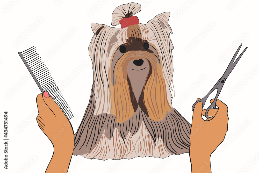 Pet grooming concept. Cute doggy Illustration for dog care, grooming ...