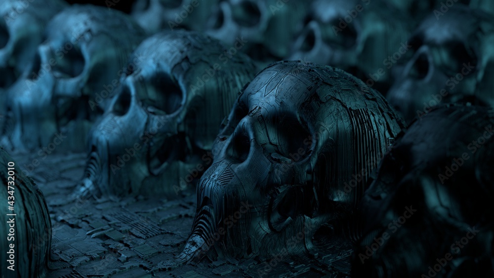 Scary occult still life with human skulls and science fiction surface ...