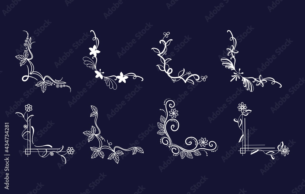 Vintage retro decorative floral corners. Thin line art style border ...