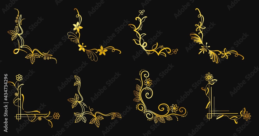Set of luxury gold decorative corners. Elegant line art border, frame ...